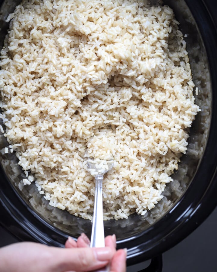 Fluffy Slow Cooker Brown Rice - A Red Spatula